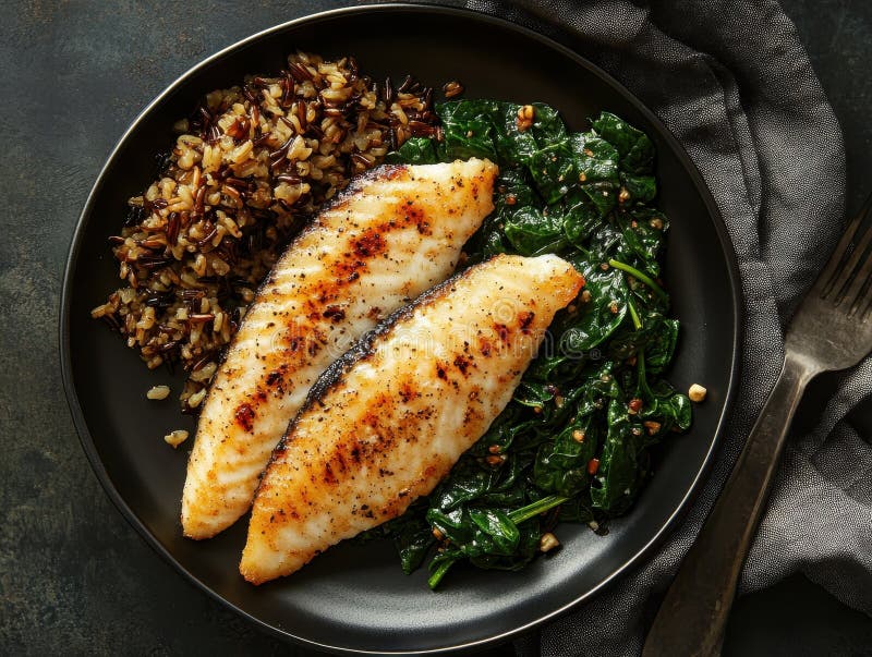 A Plate Featuring Grilled Fish, Saut?ed Spinach, and Wild Rice ...
