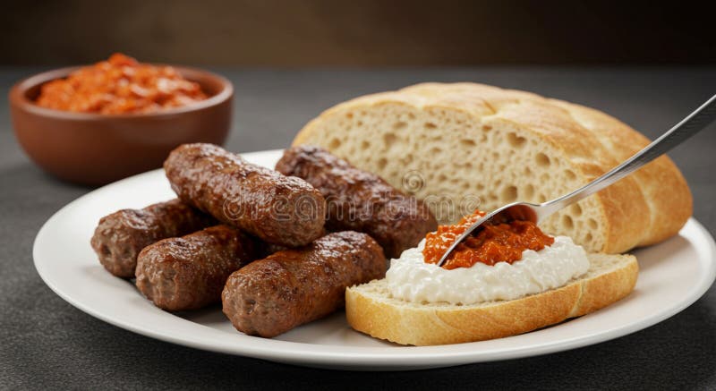 Plate Featuring Grilled Sausages, Known As Cevapi, Accompanied by a ...