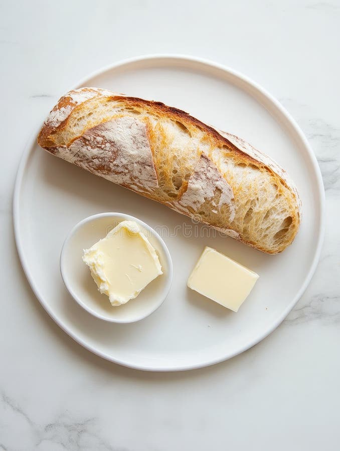 A Plate Featuring a Loaf of Bread with Butter, Ideal for a Meal or ...
