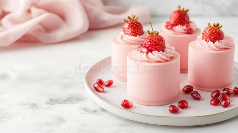 A Plate Featuring Mini Layered Cakes with Pink Mousse and a Strawberry ...