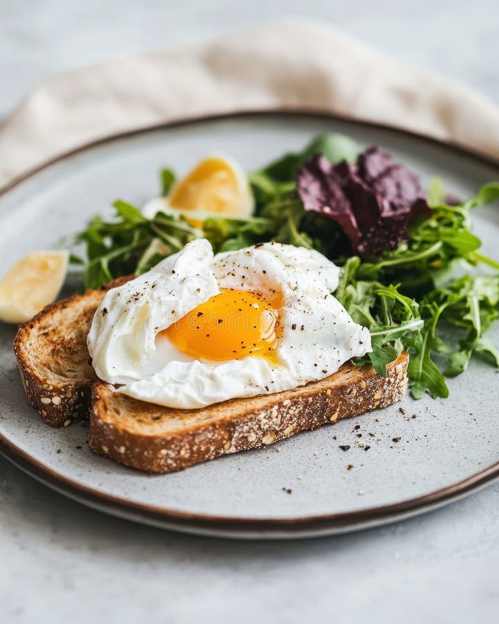 A Plate Featuring Poached Egg on Toast with a Side Salad Stock ...