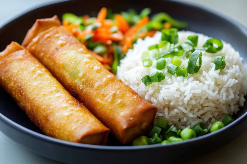 A Plate Featuring Two Crispy Spring Rolls, Fluffy Rice, and Colorful ...