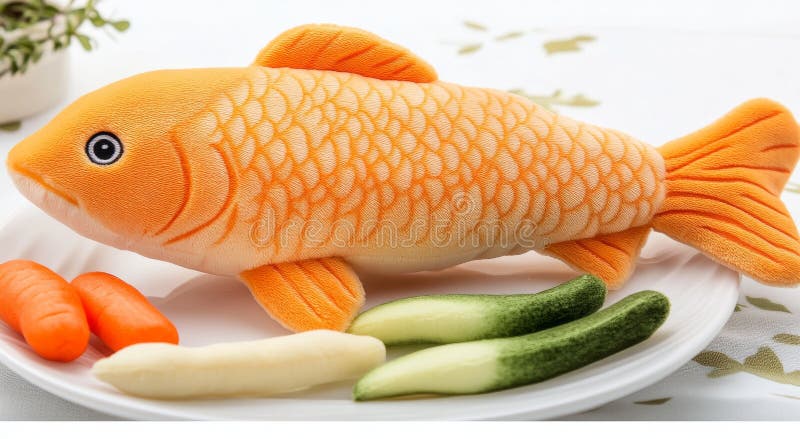 On a Plate Filled with Vegetables, There is a Charming Orange Fish ...