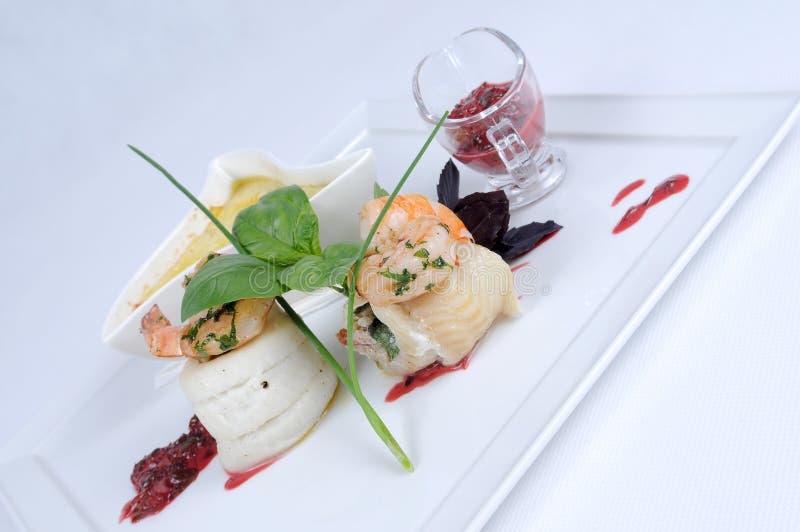 Plate of Fine Dining Meal, Halibut with Vegetables Stock Photo - Image ...