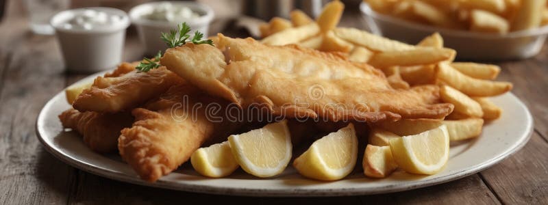 Plate of Fish and Chips with Sliced Fried Fish and Pub Table Close-up ...