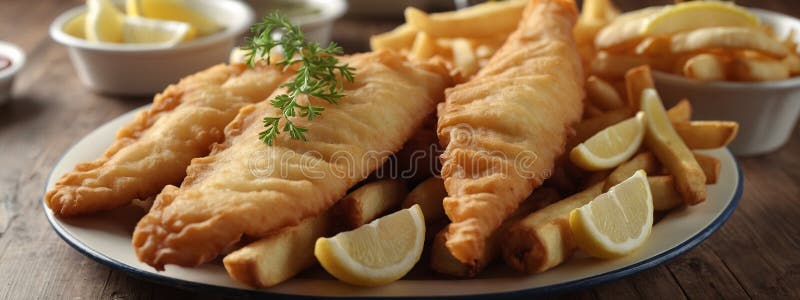Plate of Fish and Chips with Sliced Fried Fish and Pub Table Close-up ...