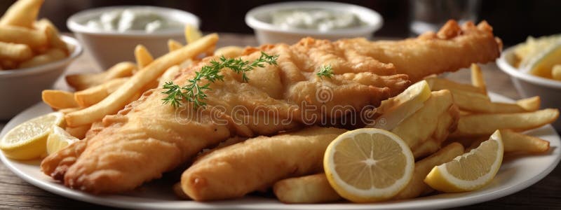 Plate of Fish and Chips with Sliced Fried Fish and Pub Table Close-up ...