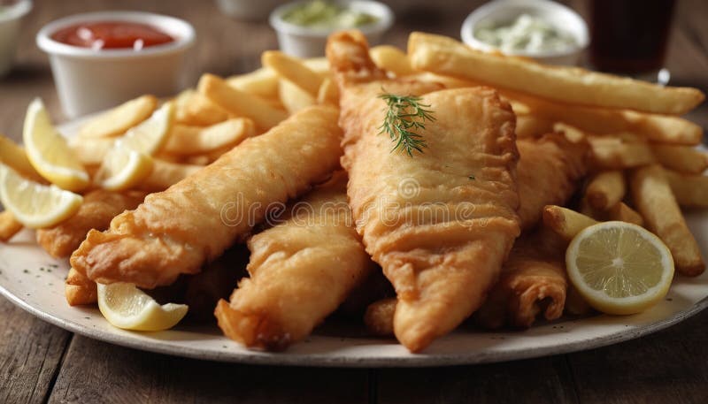 Plate of Fish and Chips with Sliced Fried Fish and Pub Table Close-up ...