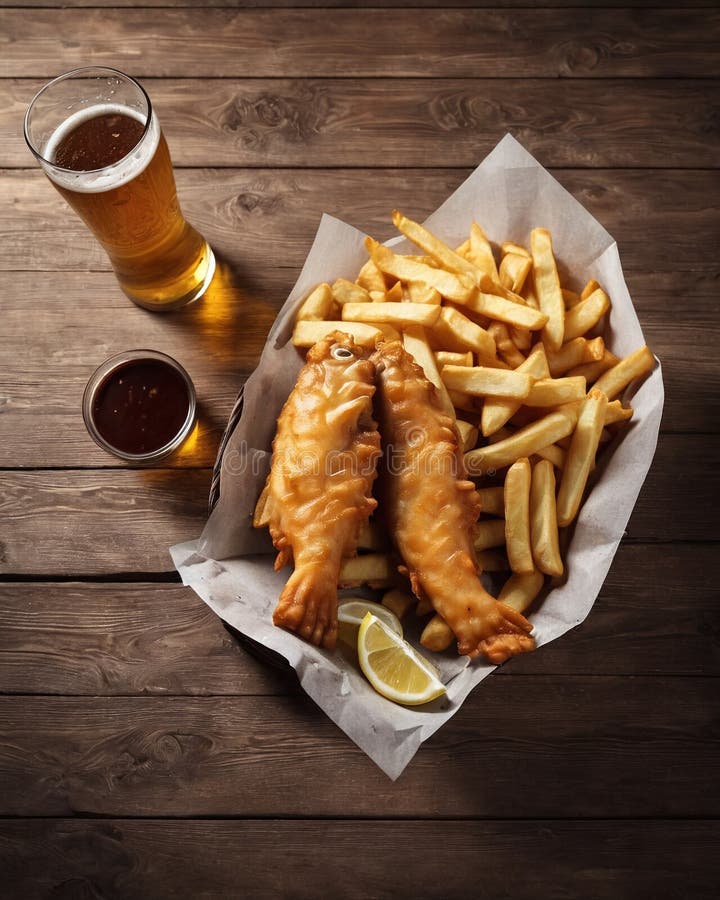 Plate of Fish and Chips with Sliced Fried Fish and Pub Table Close-up ...