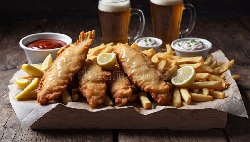 Plate of Fish and Chips with Sliced Fried Fish and Pub Table Close-up ...