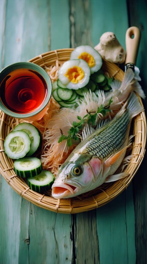 A Plate with Fish, an Egg and Vegetables on it Stock Illustration ...