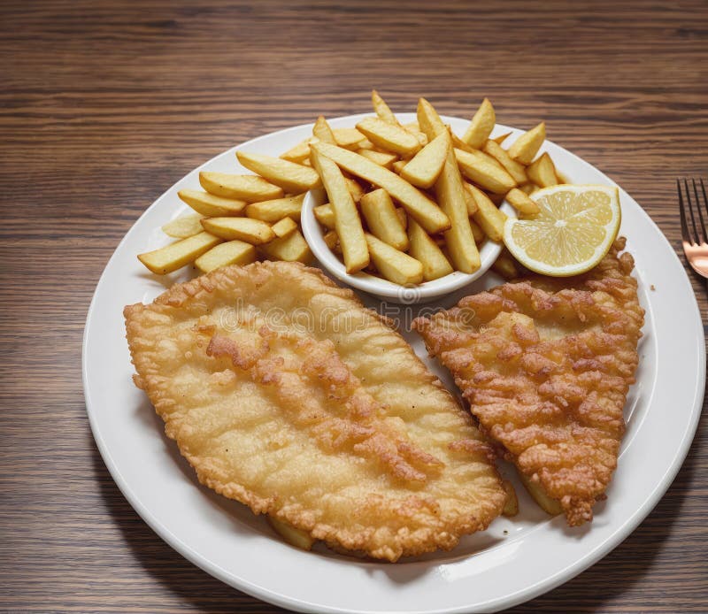 A Plate of Fish and Fries with a Lemon Wedge on the Side Stock Image ...