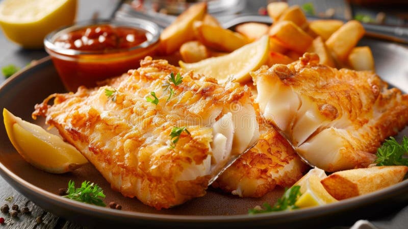 A Plate of Fish and Potatoes with Sauce on a Table, AI Stock Photo ...