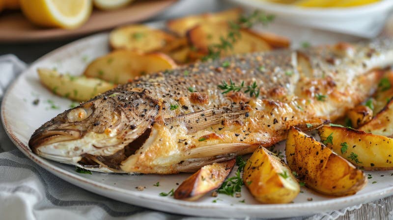 A Plate of Fish and Potatoes on a Table, Suitable for Food and Cooking ...