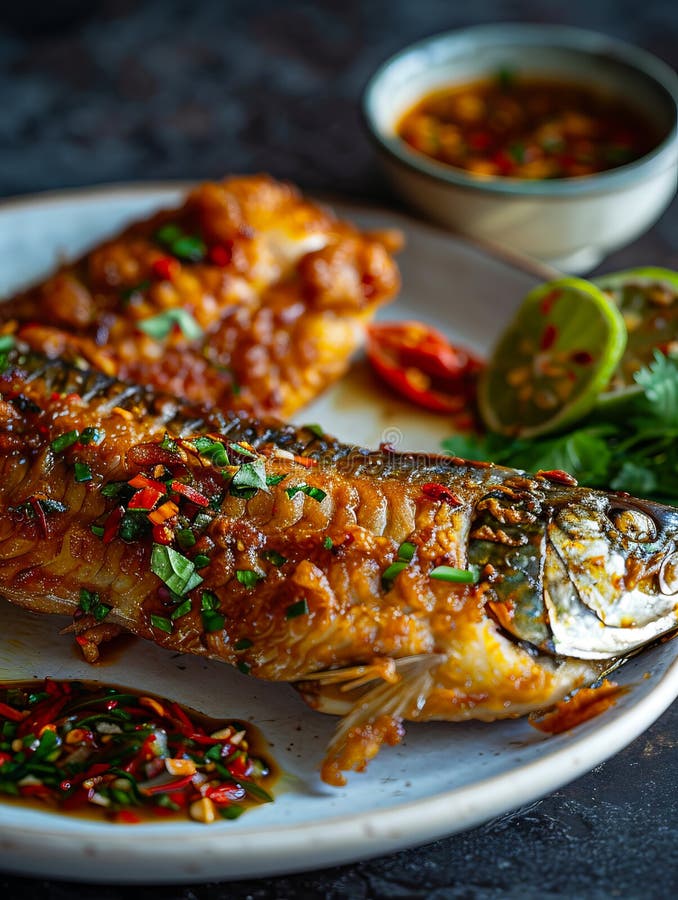 A Plate of Fish with Sauce and Garnish Stock Photo - Image of recipe ...