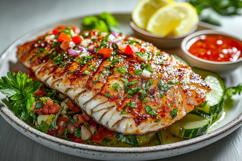 Plate of Fish with a Side of Vegetables and a Lemon Wedge. Stock Image ...