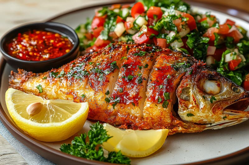 Plate of Fish with a Side of Vegetables and a Lemon Wedge. Stock Photo ...