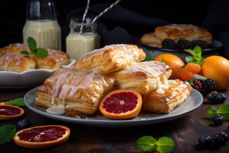 Plate of Flaky Puff Pastries with Fruit Filling and Icing Stock ...