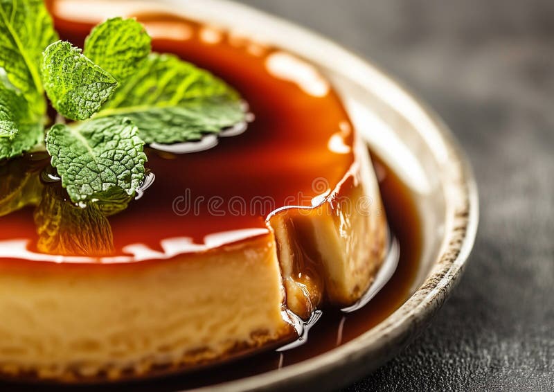 Plate with Flan Caramel Dessert Cake with Mint Leaves on Restaurant ...