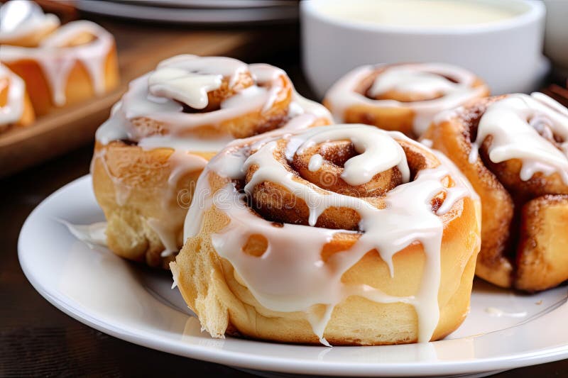 A Plate of Fluffy Cinnamon Buns Topped with Sweet Icing Stock ...