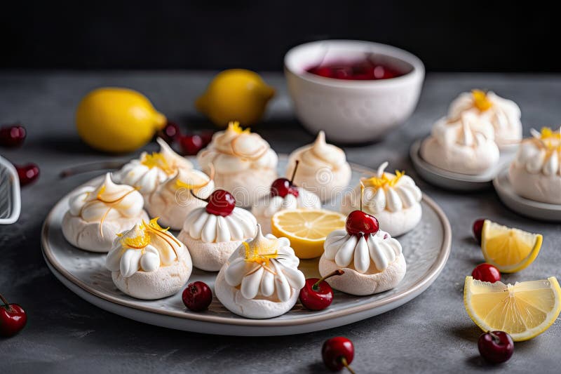 Plate of Fluffy Meringue Bites with Flavors Like Lemon and Cherry Stock ...