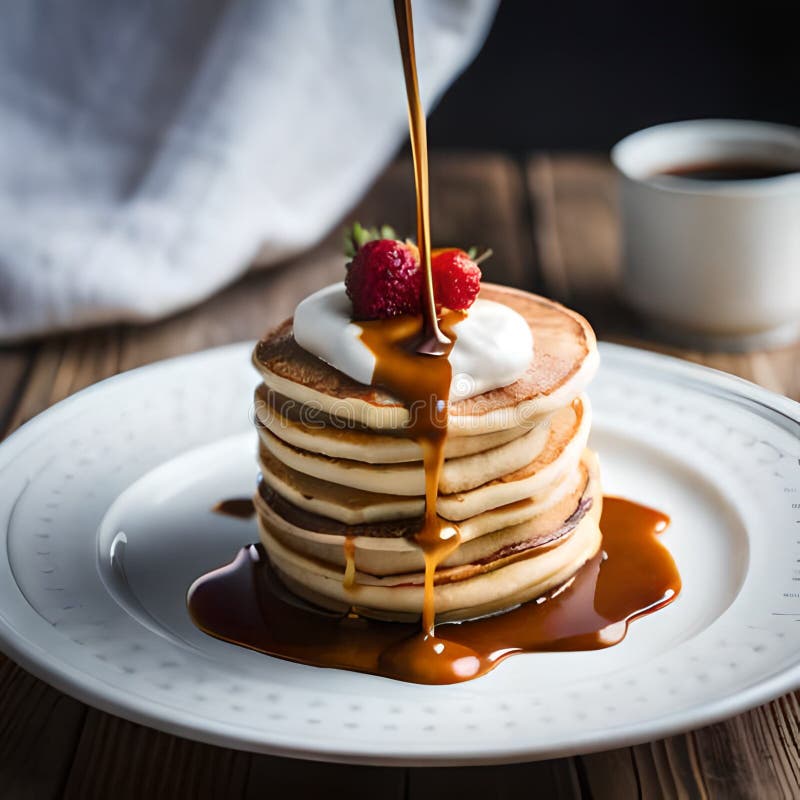 A Plate of Fluffy Pancakes with a Dollop of Whipped Cream and a Drizzle ...