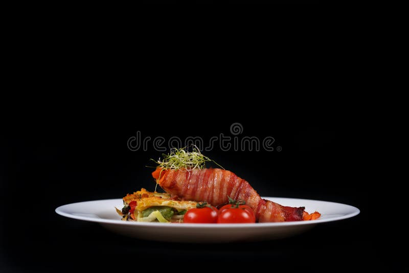 Plate with Food on a Black Background Stock Image - Image of restaurant ...