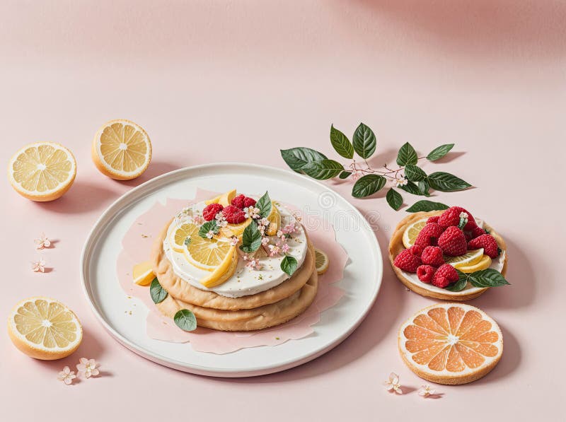 A Plate of Food with a Cake and Raspberries on Top Stock Photo - Image ...