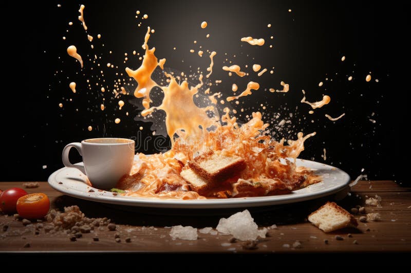A Plate of Food with a Cup of Coffee Spilling Over it, Creating a Mess ...