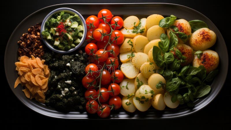 A Plate of Food with Different Kinds of Food Aerial. Generative AI ...