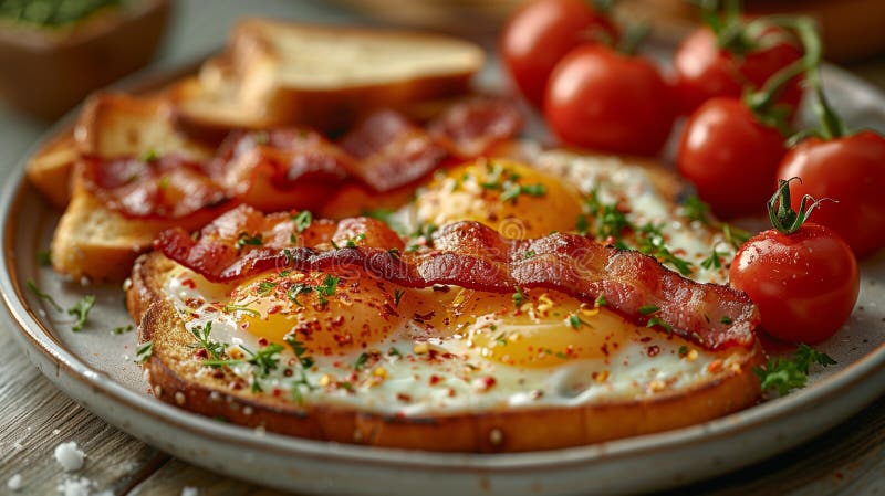 Plate of Food with Eggs, Bacon, and Tomatoes on the Table Stock ...