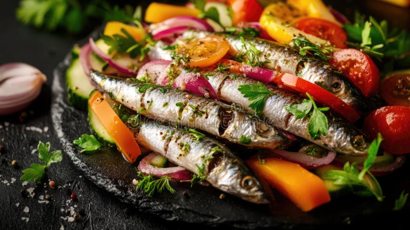 A Plate of Food with Fish, Vegetables, and Herbs Stock Image - Image of ...