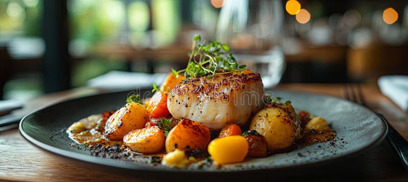 A Plate of Food with a Fish and Vegetables on it Stock Image - Image of ...