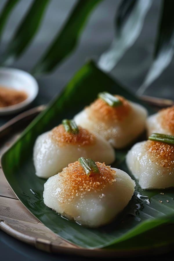 A Plate of Food with Four Small White Pastries on Top of a Green Leaf ...