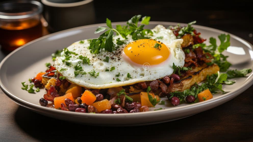 A Plate of Food with a Fried Egg Bacon and Bea. Generative AI. Stock ...