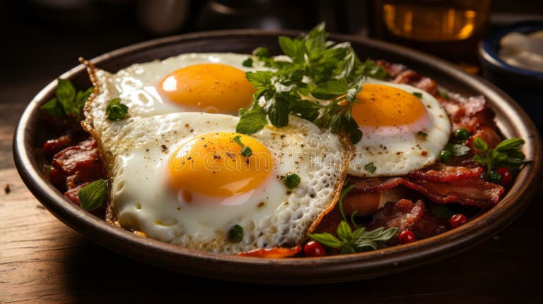 A Plate of Food with a Fried Egg Bacon and Bea. Generative AI. Stock ...