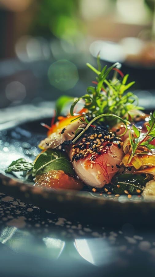 A Plate of Food with Garnish on a Black Table, AI Stock Image - Image ...