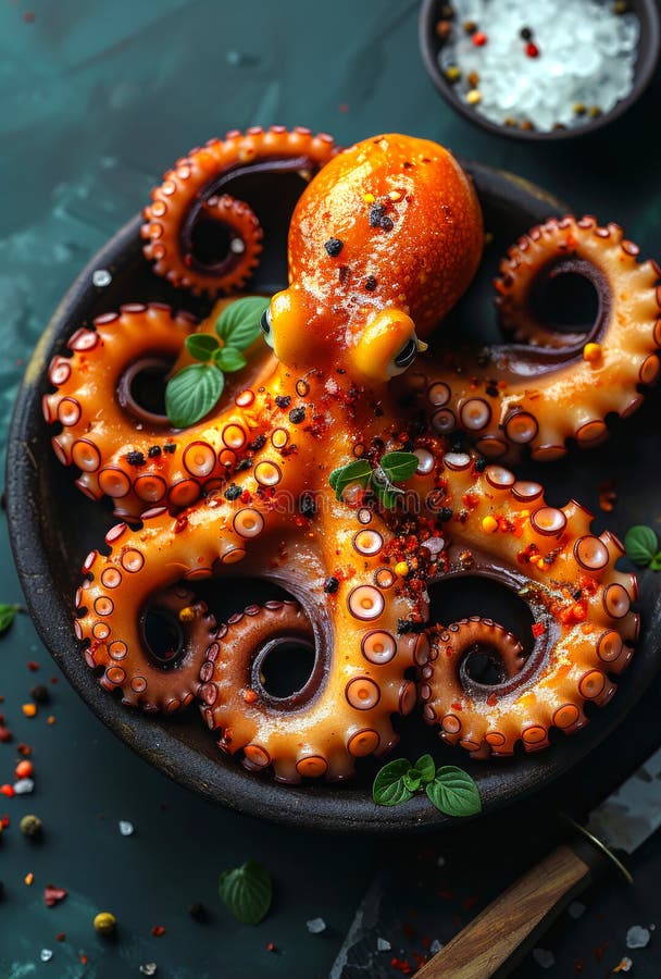 A Plate of Food with an Octopus on it. the Octopus is Surrounded by ...