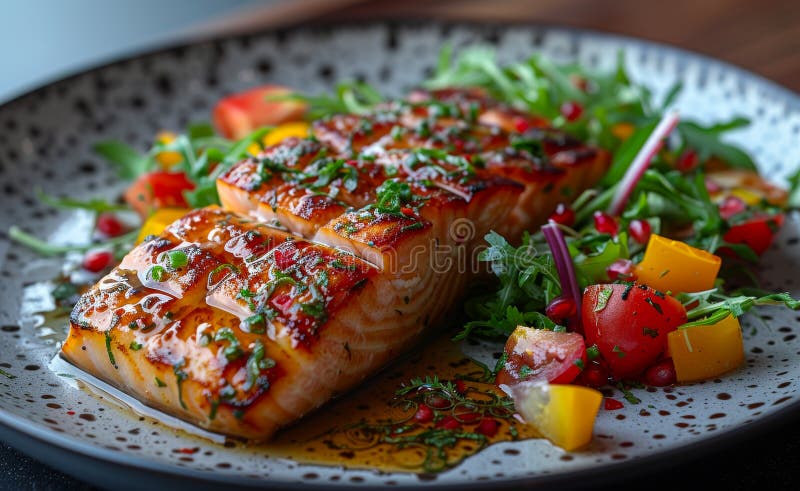 A Plate of Food with a Piece of Salmon and a Salad Stock Photo - Image ...