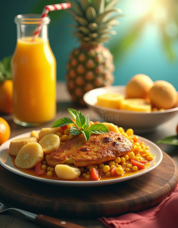A Plate of Food on a Table with a Glass of Orange Juice Stock ...
