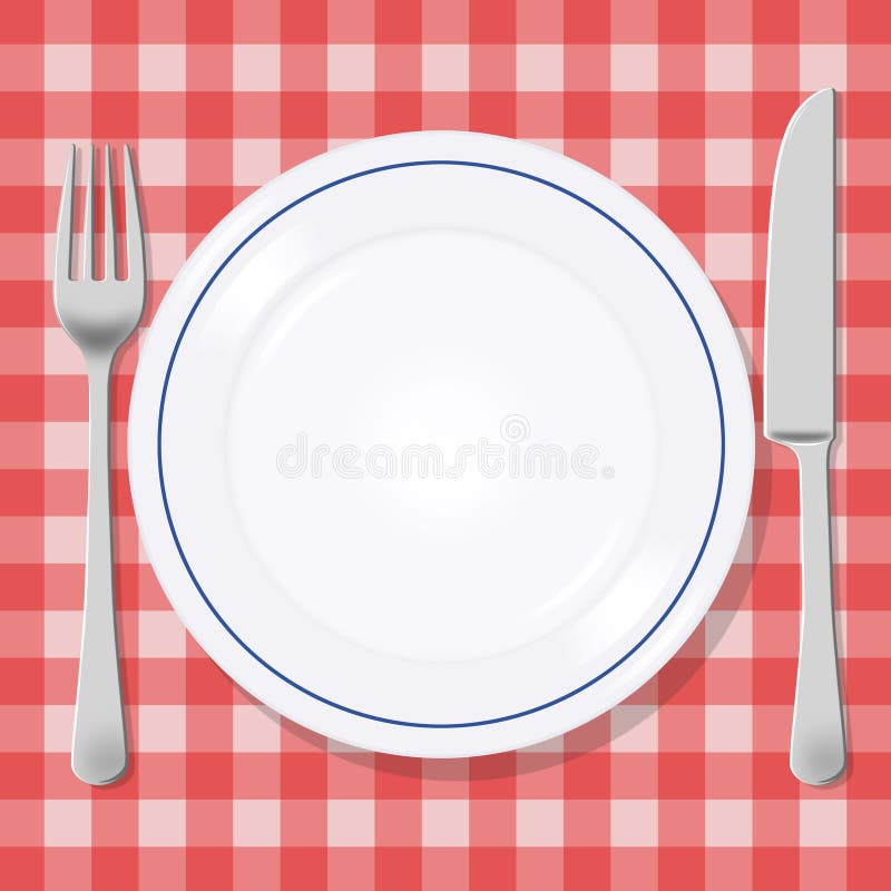 Plate, Fork and Knife on a Checkered Tablecloth Illustration Stock ...