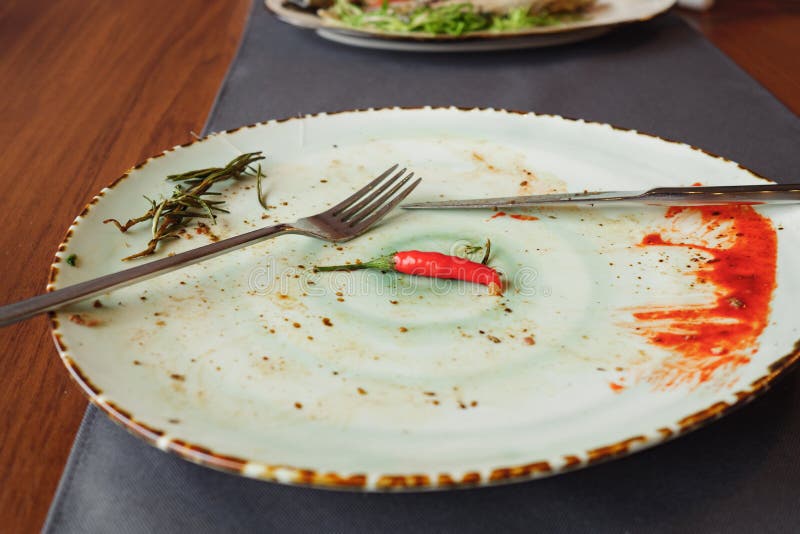Plate with Fork and Knife on Table after Dinner Stock Photo - Image of ...
