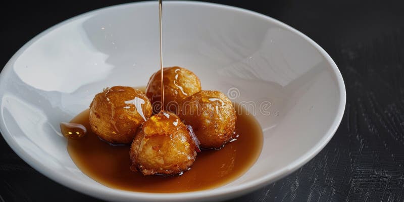 A Plate of Four Donuts with a Drizzle of Syrup Stock Photo - Image of ...