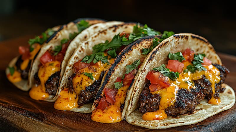 Plate of Four Tacos with Cheese and Meat Stock Image - Image of onion ...