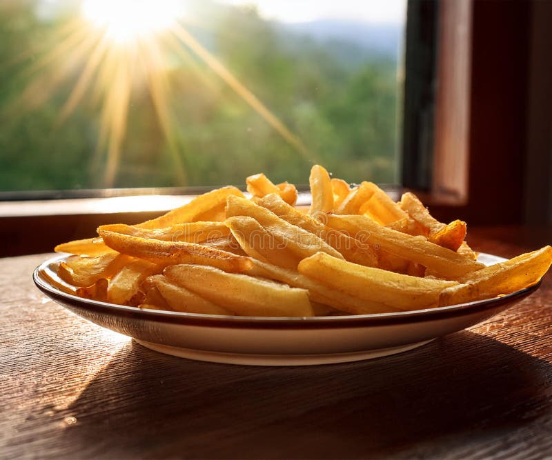 Plate of French Fries on Table with a Window in the Background Stock ...