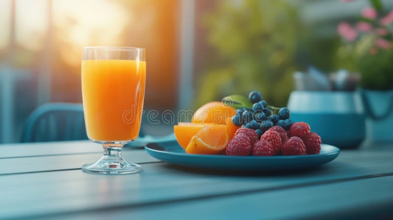 A Plate of Fresh Fruit Alongside a Glass of Refreshing Orange Juice on ...
