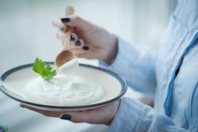 A Plate with Fresh Yogurt in Woman S Hands Stock Image - Image of plate ...