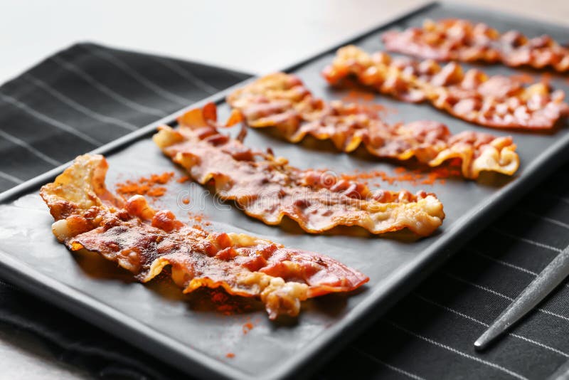 Plate with Fried Bacon Rashers, Closeup Stock Photo - Image of ...