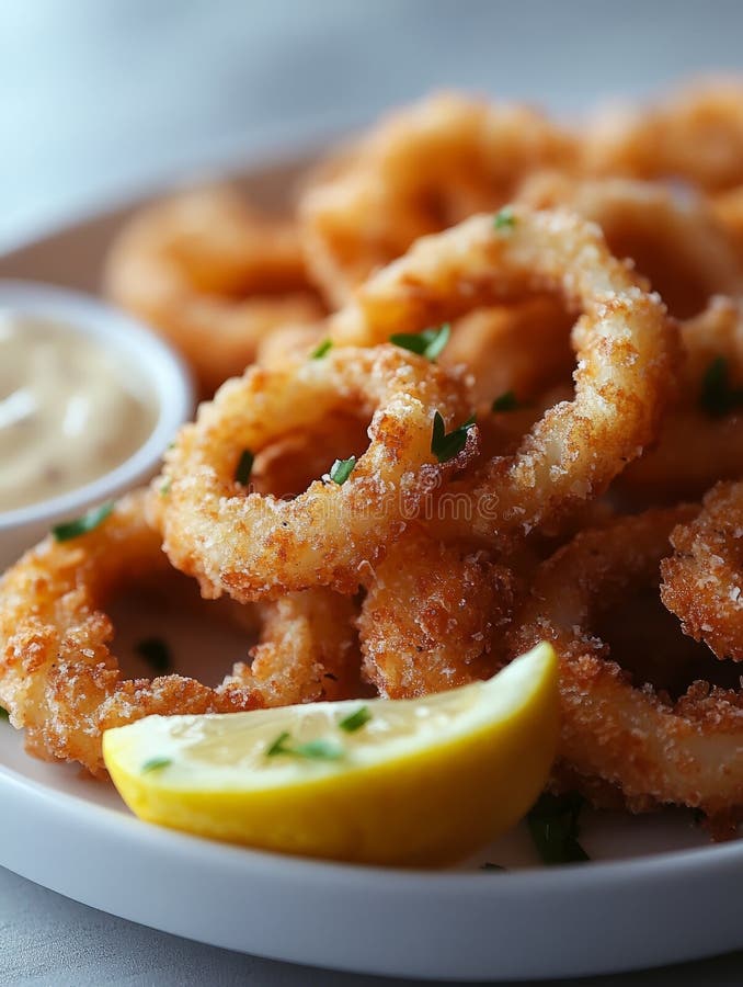 Plate of Fried Calamari with Lemon and Sauce. Stock Image - Image of ...