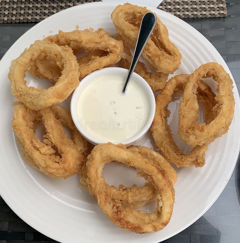 A Plate of Fried Calamari Served with a Dipping Sauce Stock Photo ...